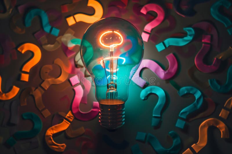 A Bright Light Bulb Illuminates Amidst a Backdrop of Colorful Question ...