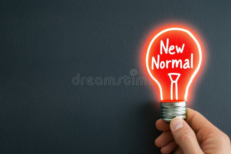 Bright Light Bulb with New Normal Message Against Dark Background Stock ...