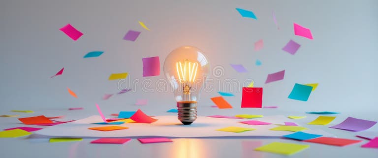 Bright Light Bulb on Paper with Colorful Notes. Stock Photo - Image of ...
