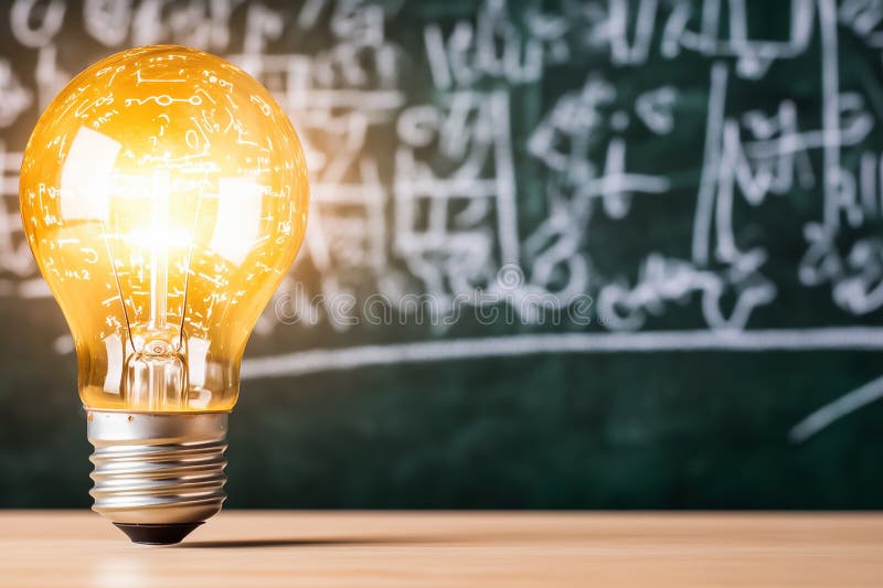 The Bright Light Bulb Shines Brightly, Illuminating a Blackboard ...
