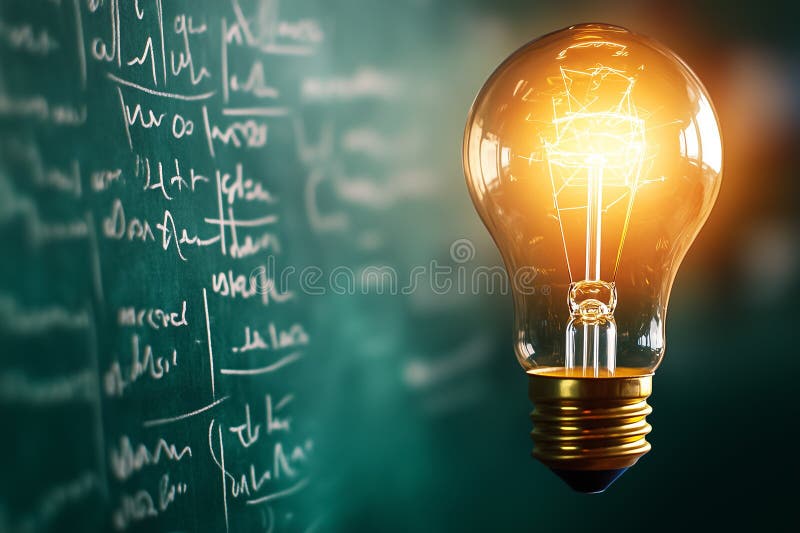 A Bright Light Bulb Shines Over a Blackboard Filled with Math Equations ...