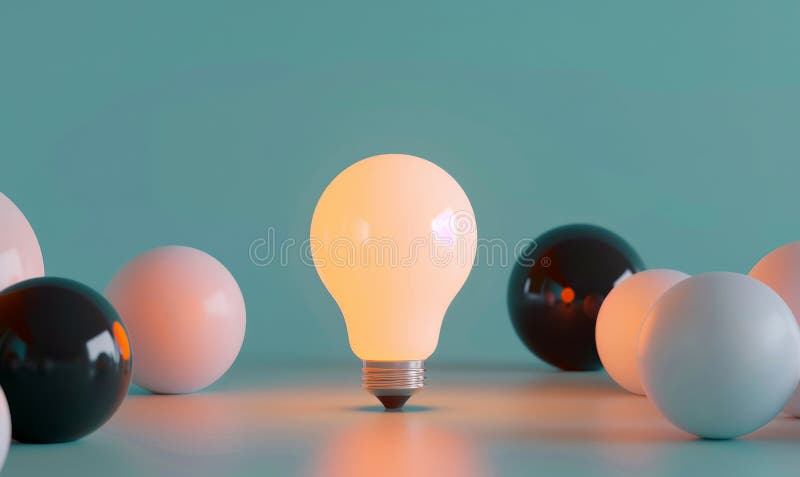 A Bright Light Bulb Shines Warmly, Surrounded by Four Dark Spheres, Creating a Captivating ...