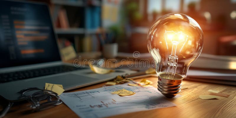 Bright Light Bulb Shining on Desk Representing Innovative Idea in ...
