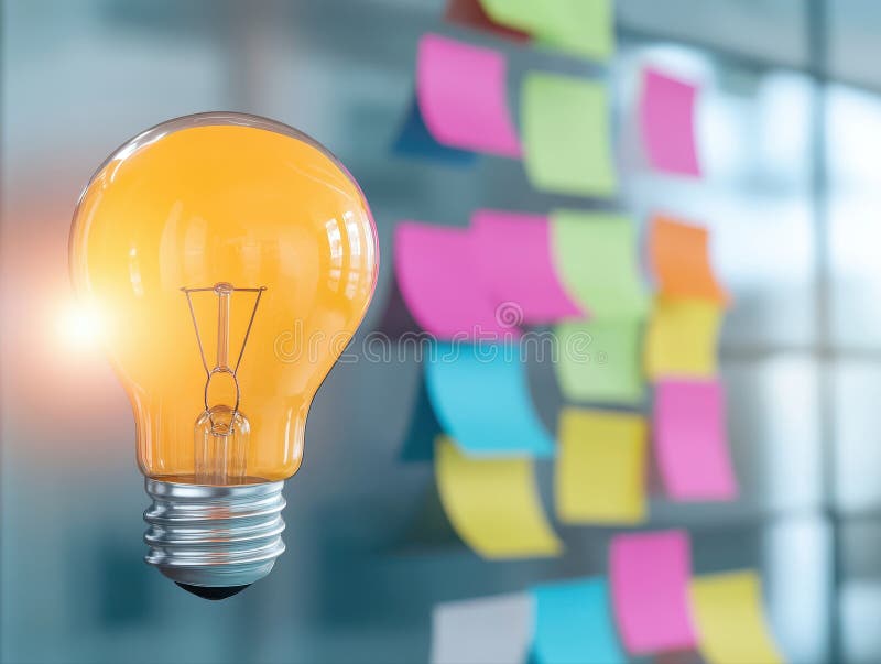A Bright Light Bulb Surrounded by Colorful Sticky Notes on a Wall ...