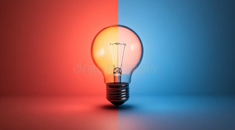 Bright Light Bulbs Shining in Contrasting Colors of Blue and Red Create ...