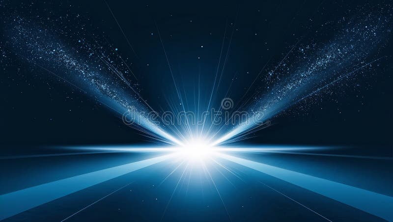 Bright Light Expanding with Particles Over Blue Surface Stock ...