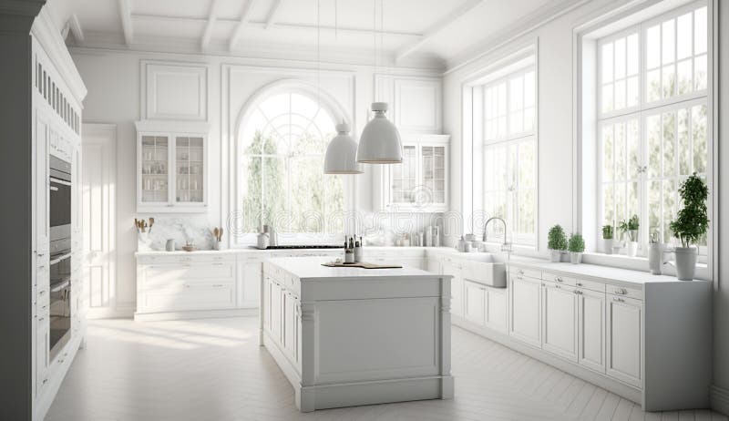 Bright, Light-flooded White Kitchen with Cooking Island and Large ...