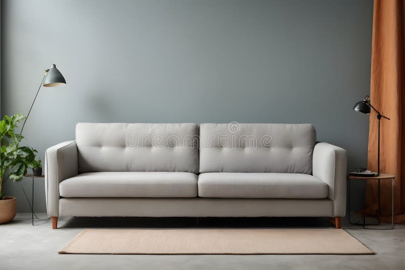 Bright Light Grey Couch Near Color Solid Wall in Empty Living Room ...