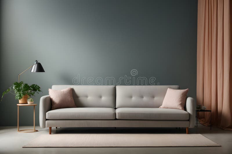 Bright Light Grey Couch Near Color Solid Wall in Empty Living Room ...