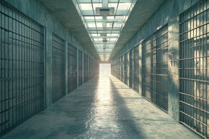 A Long, Empty Corridor in a Prison with Barred Cells and Bright Light ...