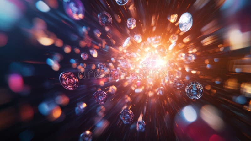 A Bright Light with Silver Circular Objects Flying Outward Stock ...