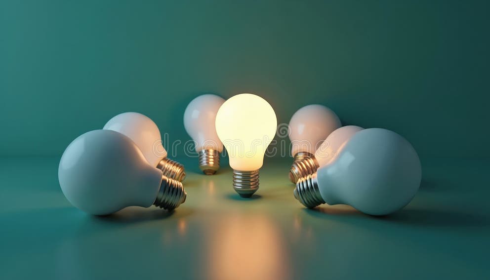 Bright Lightbulb Glowing among Shutdown Lightbulbs. Problem Solving ...