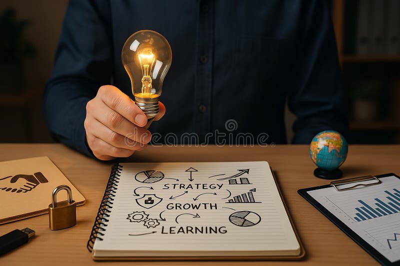 Bright Lightbulb Held Above Spiral Notebook with Strategy, Growth and ...