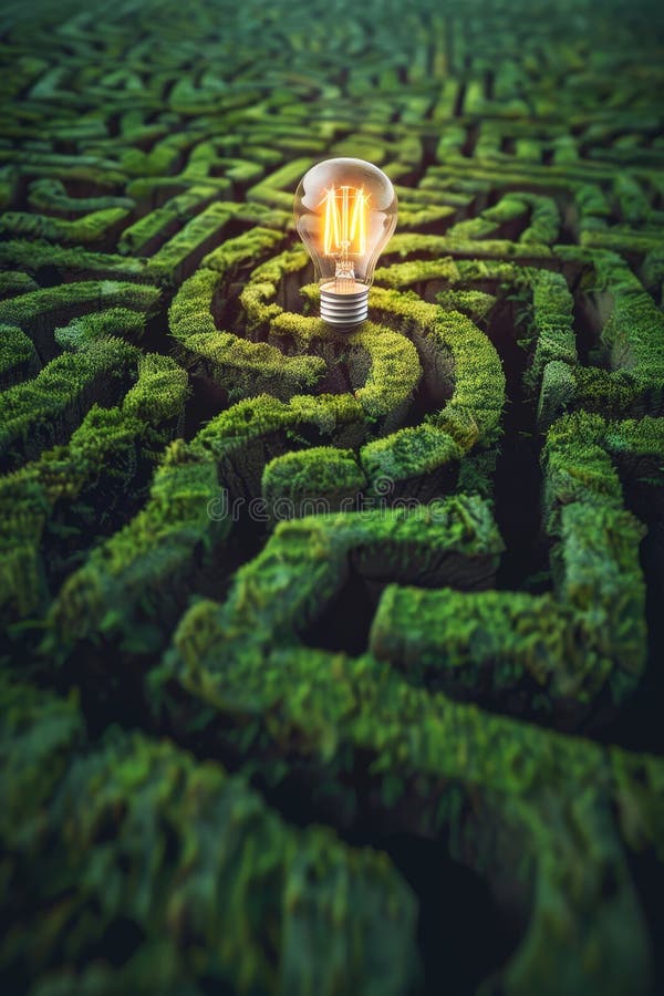 Bright Lightbulb Illuminates Center of Lush Green Maze, Representing ...
