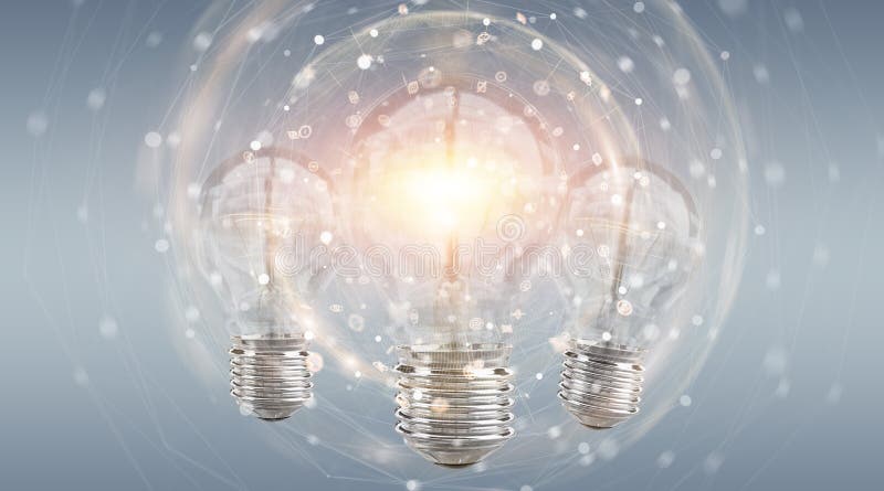 Bright Lightbulb Illuminating Other Bulbs 3D Rendering Stock ...