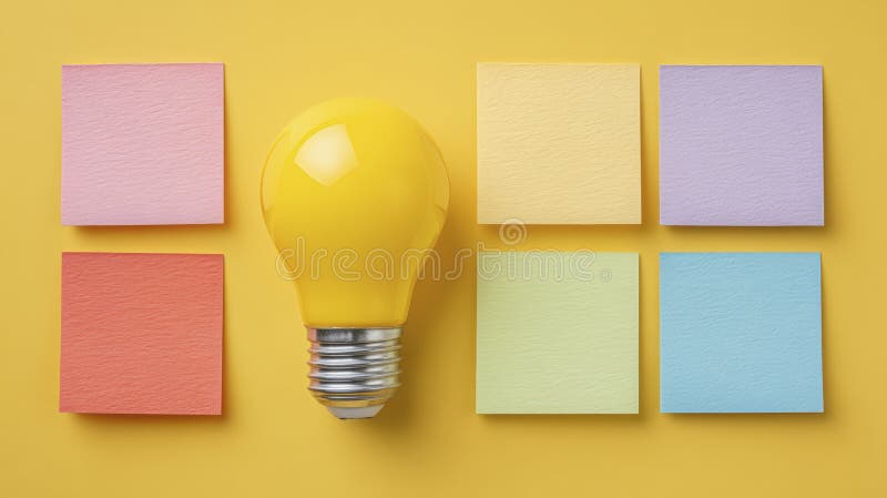 Bright Lightbulb and Pastel Sticky Notes on Yellow Background Stock ...