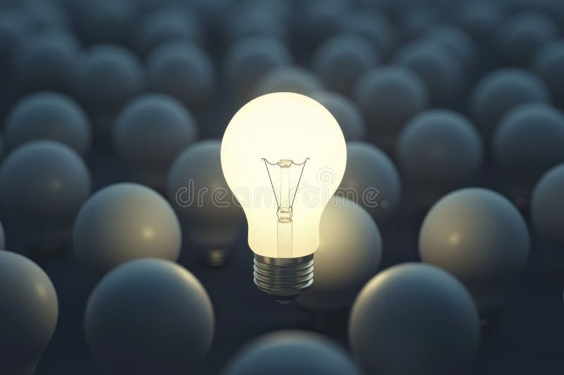 Bright Lightbulb Shining among Many Bulbs, Symbolizing Ideas and ...