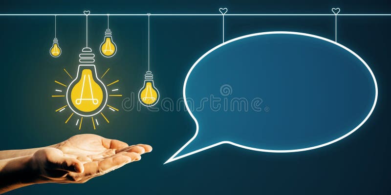 Bright Lightbulbs and Speech Bubble Over Hands, Symbolizing Ideas and ...