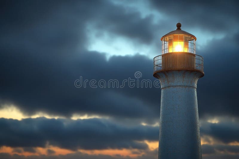 Bright Lighthouse Guiding Ships during Twilight Under Dramatic Cloudy ...