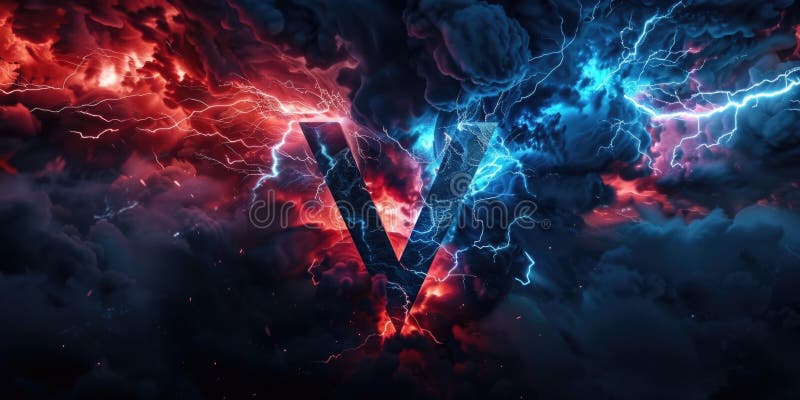 A Bright Lightning Bolt Hits a V-shaped Formation in a Cloud-filled Sky ...