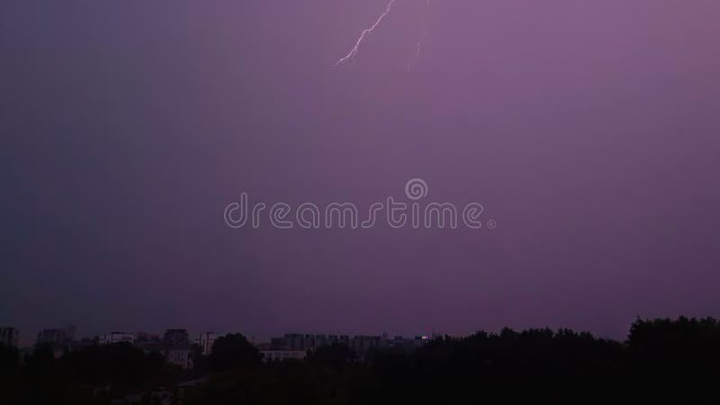Bright Lightning in Dark Night Sky. Thunderstorm Over the City Stock ...