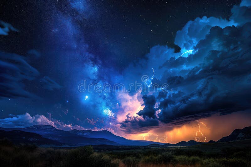 Bright Lightning in Mountains during a Thunderstorm at Night Starry Sky ...
