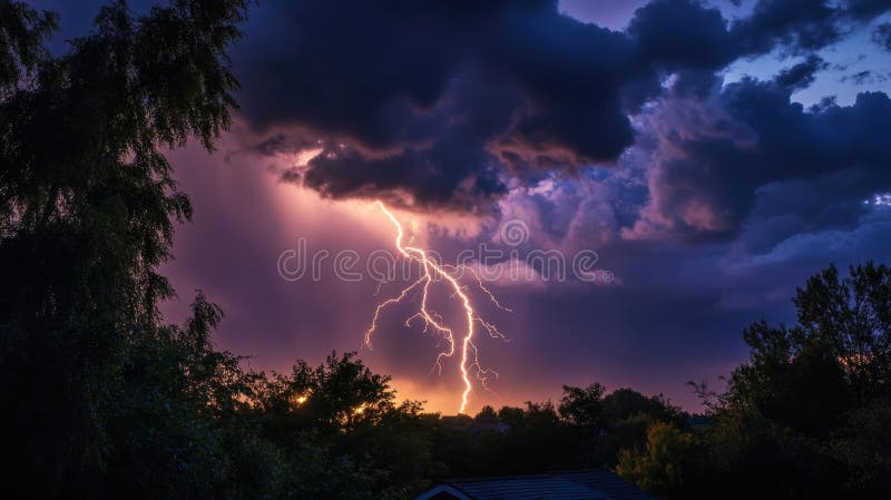 A Bright Lightning Strike Illuminates Dark Clouds at Dusk in a Dramatic ...