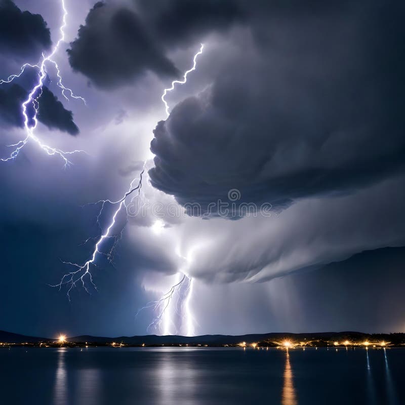 Lightning Strikes from Clouds during Night Time Stock Illustration ...