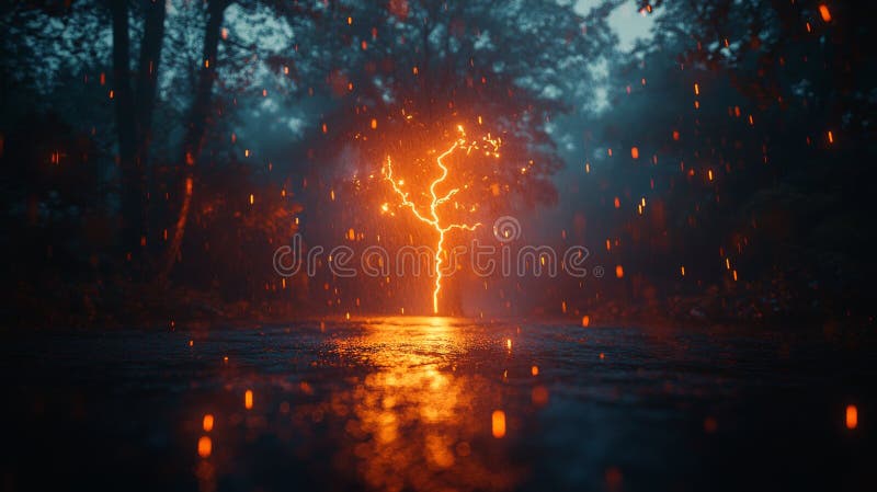 Bright Lightning Strikes a Tree and it Catches Fire Stock Illustration ...