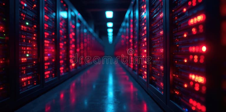 Bright Lights Illuminate Powerful Server Racks; Data Streams Visualized ...