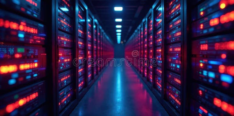 Bright Lights Illuminate Powerful Server Racks; Data Streams Visualized ...