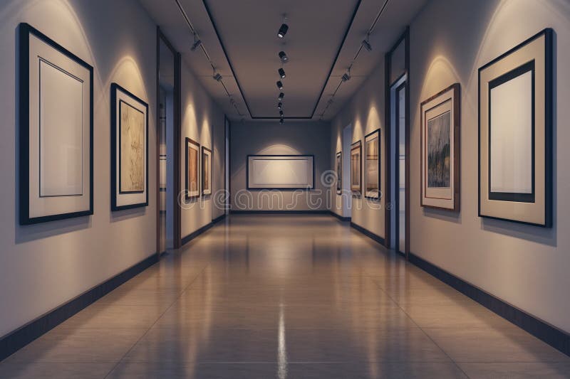 Bright Lit Empty Hallways with Picture Frames on Walls Stock ...