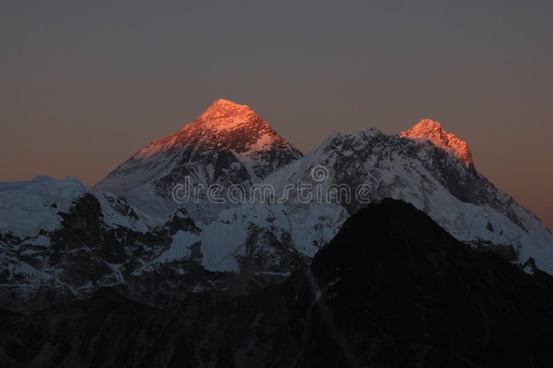 Bright Lit Peaks of Mount Everest, Lhotse and Nuptse Stock Image ...