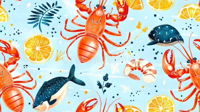 Colorful Seafood Pattern with Lobsters, Lemons, and Whales on a Light ...