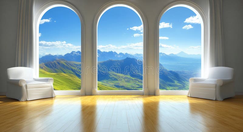 A Bright Living Room Features Serene Mountain Views through Its Arch ...