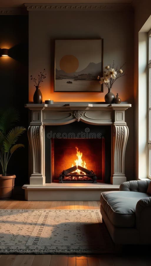 Bright Living Room Fireplace with Dancing Flames , Hearth, Energy Stock ...