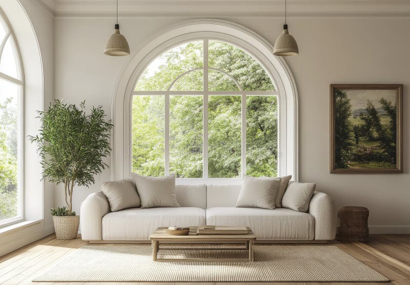 Bright Living Room Interior with Cream Sofa and Arched Window Stock ...