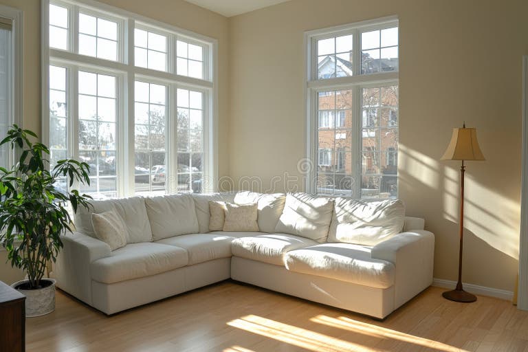 Bright Living Room with Large Windows and a Comfortable White Sofa ...