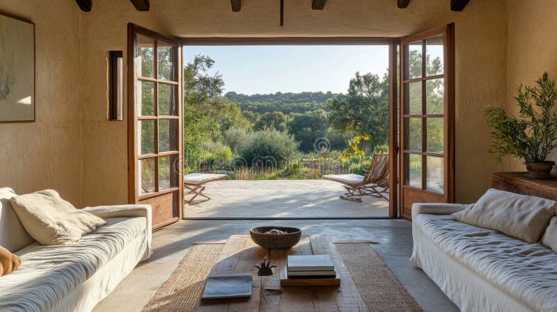 Bright Living Room with Open Doors To Patio and Scenic View Stock ...