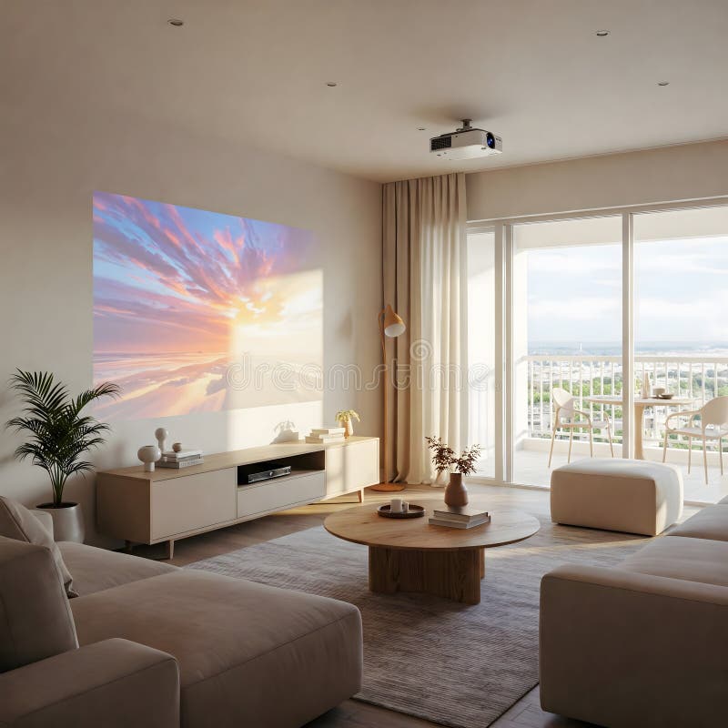 Bright Living Room with a Projector Displaying a Vibrant Scene Stock ...