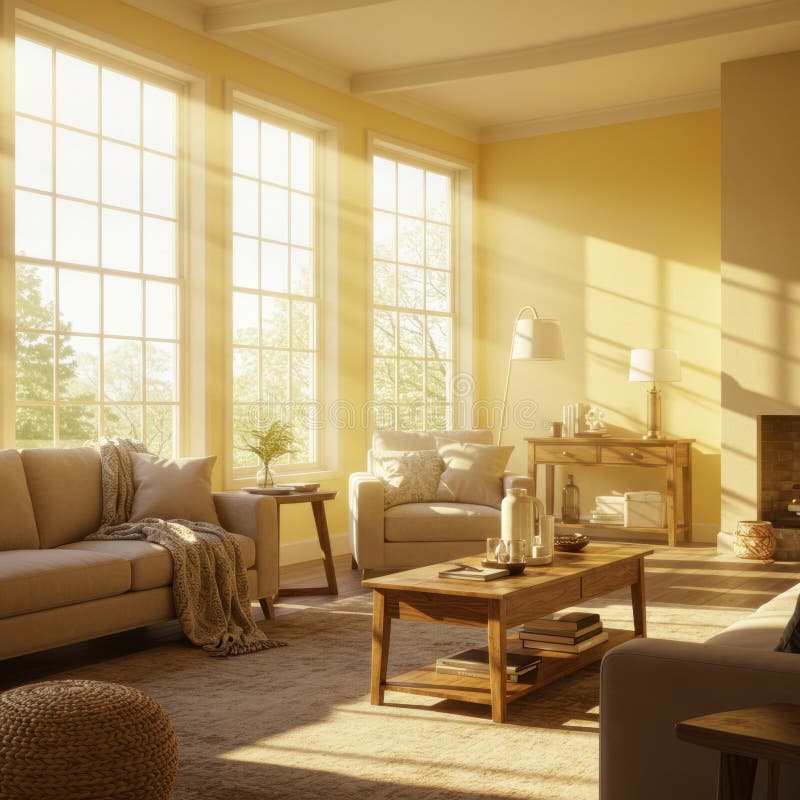Bright Living Room with Sunlight Streaming through Large Windows Stock ...