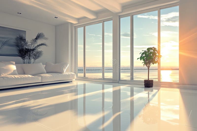 Modern Ocean View Home Interior Sunset Lighting Spacious Living Room ...