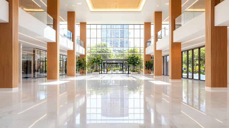 Bright Lobby with Modern Architecture and Reflected Cityscape View ...