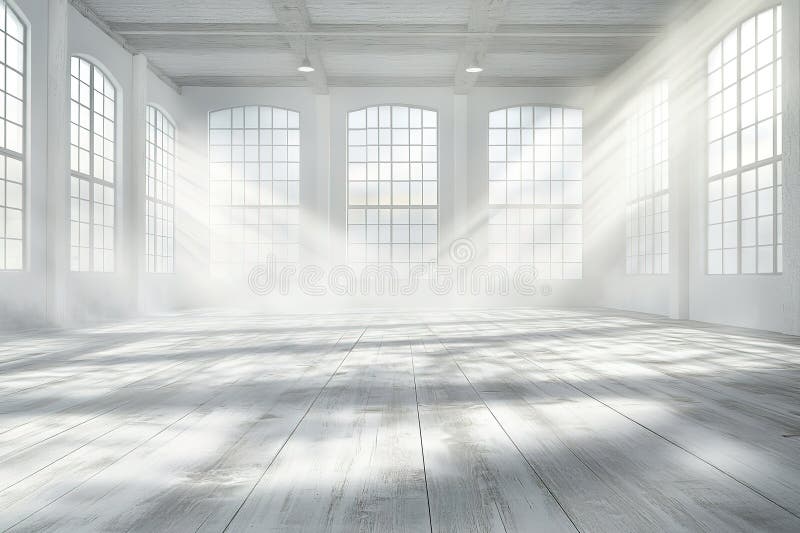 Bright Loft Interior with White Wooden Floor, Large Arched Windows and ...