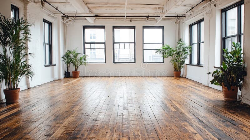 Bright Loft Space with Large Windows and Plants Stock Illustration ...