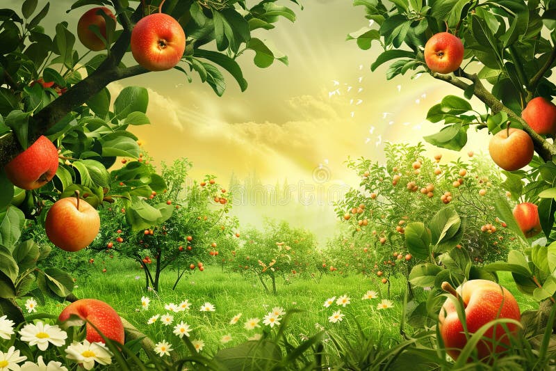 A Bright, Lush Apple Orchard at Dawn. Generative AI Stock Photo - Image ...