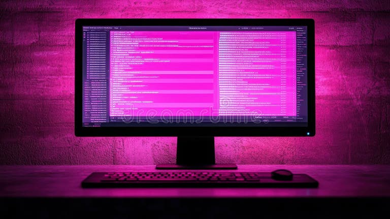 Bright Magenta Computer Screen with Code Displayed on Dark Background ...