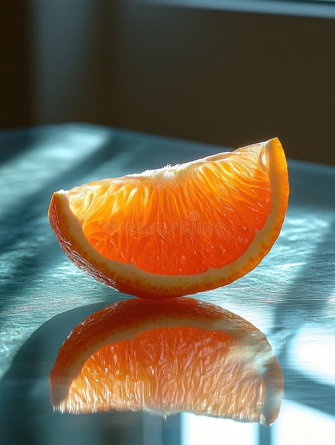 Bright Mandarin Segment Resting on a Glass Surface Reflecting Light and ...