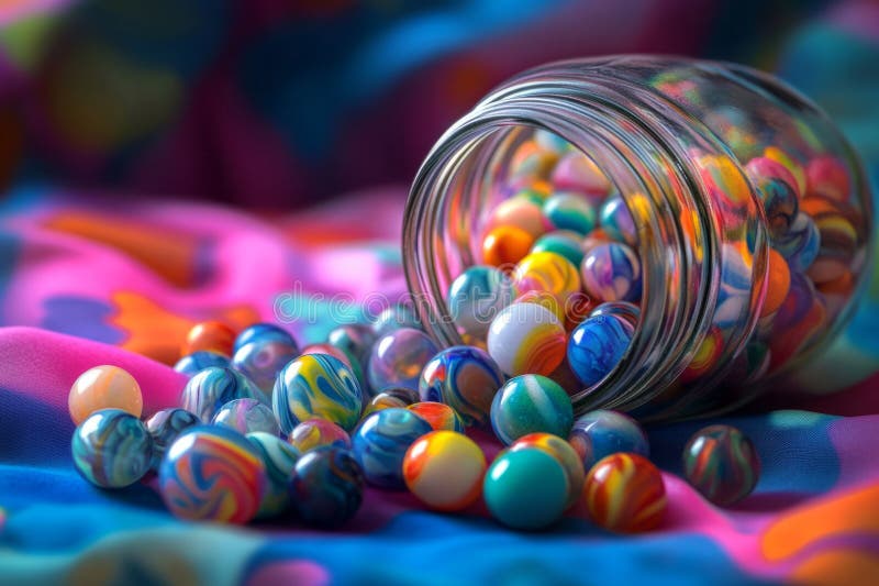 A Colorful Jar Spills Vibrant Marbles on a Playful Fabric. the Scene ...