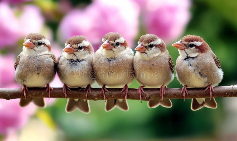 In a Bright May Garden, Tiny Sparrows Rested on a Branch Amidst ...
